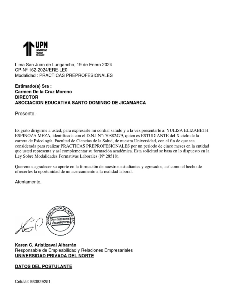 Upn Carta de Presentación | PDF | Crecimiento personal y profesional