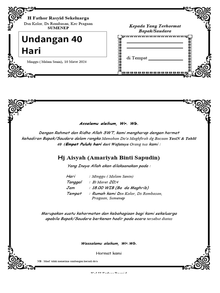 02 Contoh Undangan 40 Hari Format | PDF