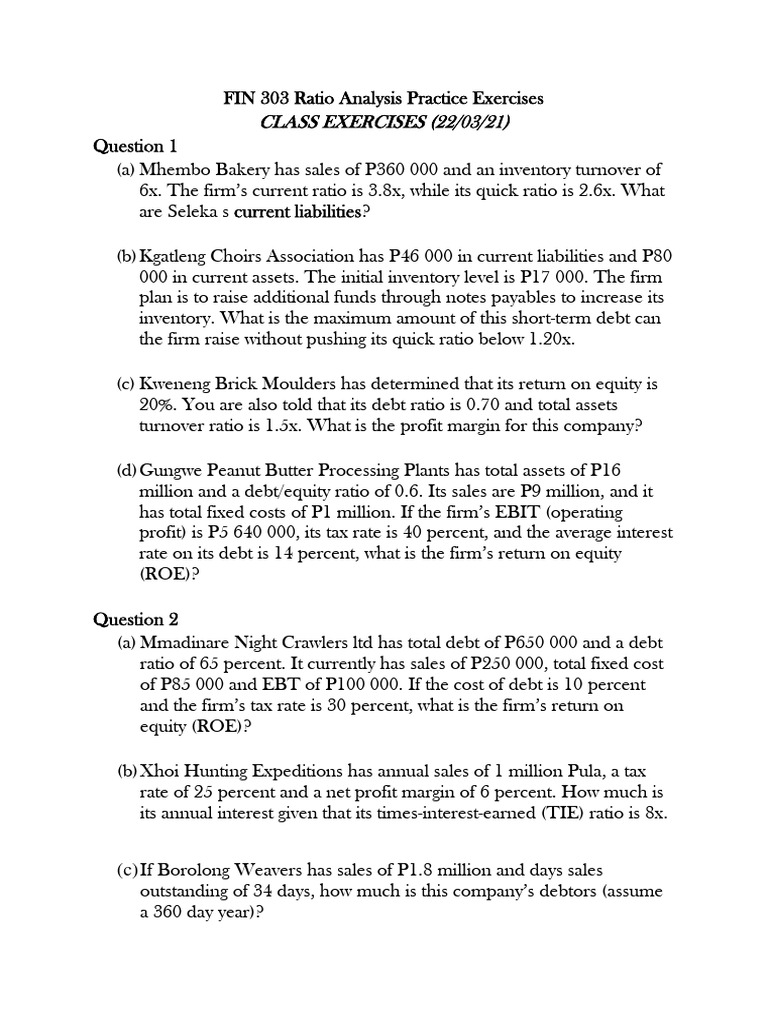Ratio Analysis Practice Exercises | PDF | Interest | Equity (Finance)