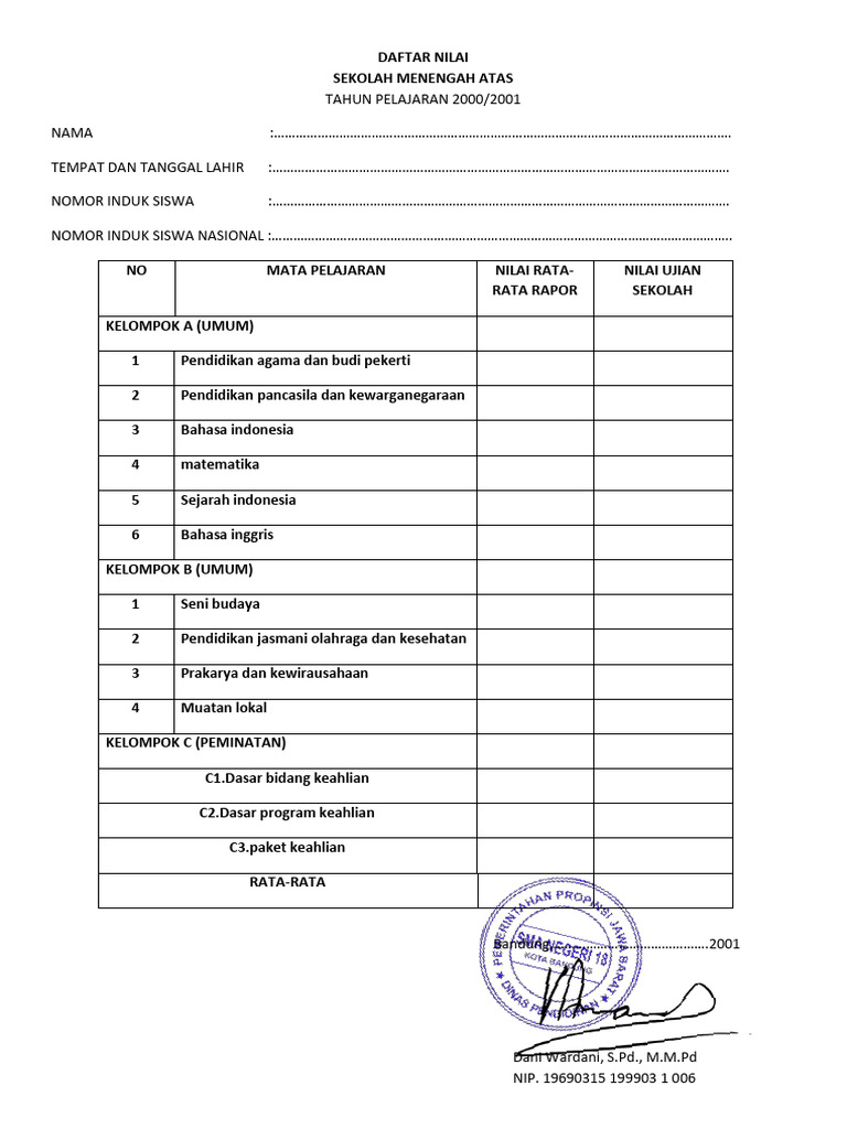 Daftar Nilai SMA 2000/2001 | PDF