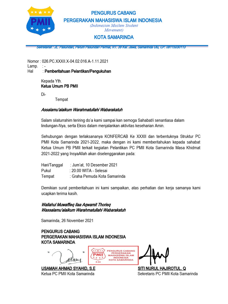 Surat Pemberitahuan Pelantikan PC PMII Samarinda | PDF