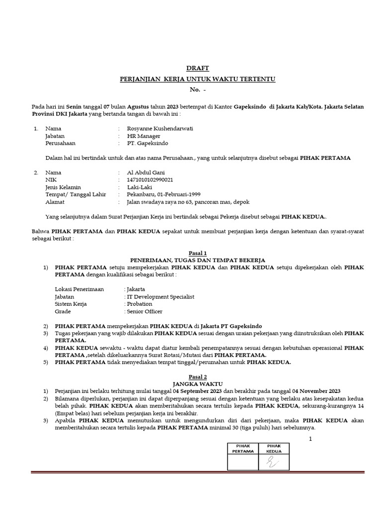 Draft PKWT Gani | PDF