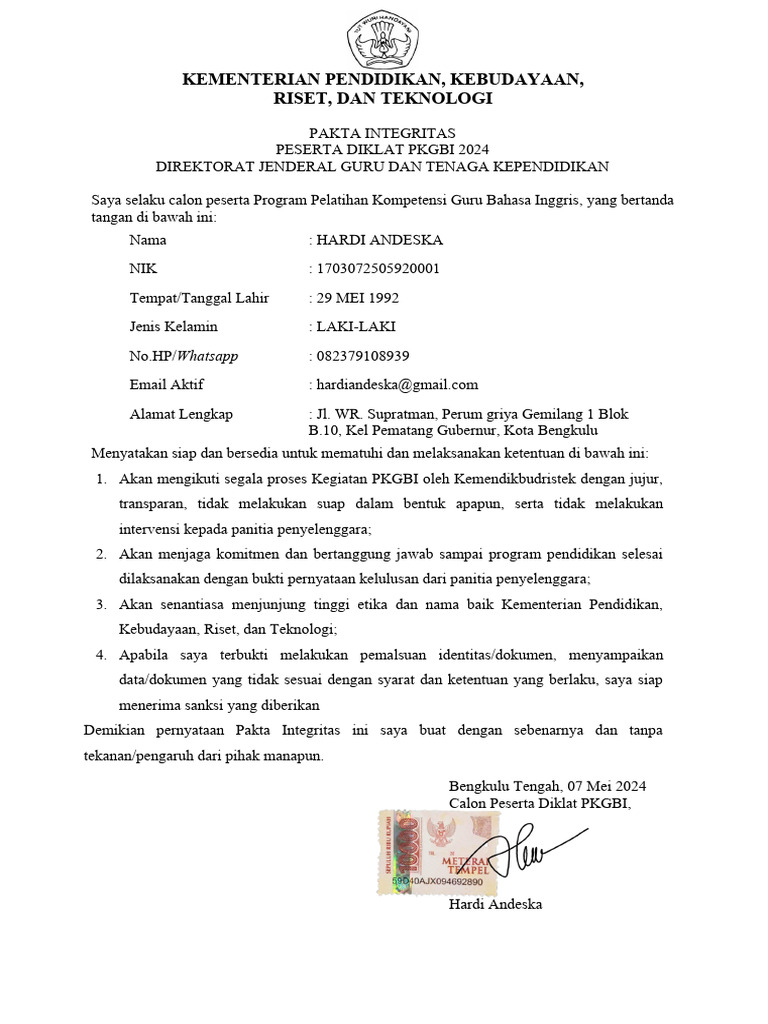 Pakta Integritas Peserta PKGBI | PDF