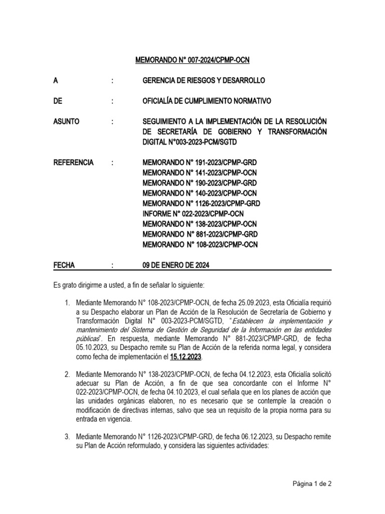 Memo 007-2024-CPMP-OCN, Seguimiento A La Implementación de La RSGTD 003 ...