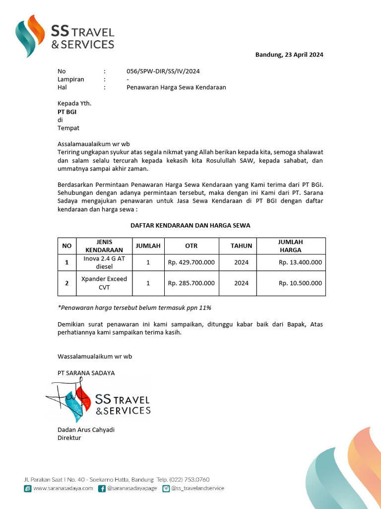 Surat Penawaran Harga Sewa Kendaraan PT BGI | PDF | Hukum