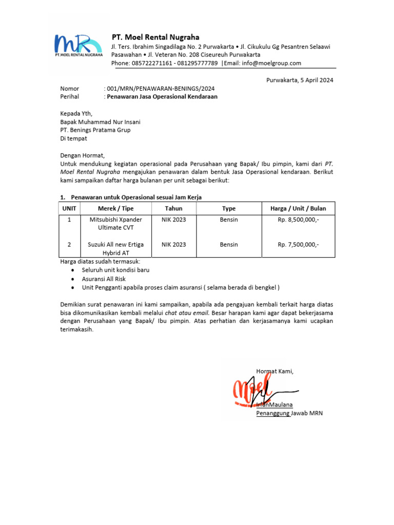 Penawaran Sewa Mobil PT Benings Pratama Grup | PDF | Karier & Perkembangan | Pengelolaan ...