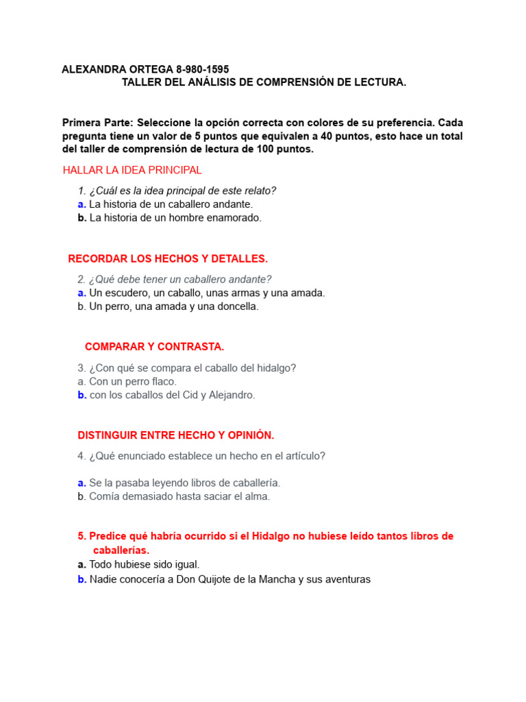 TALLER N.1 Análisis de Comprensión Lectora. El Quijote | PDF | Don Quijote