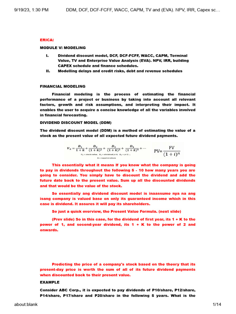 DDM-DCF-DCF-FCFF-WACC-CAPM-TV-and-EVA.-NPV-IRR-Capex-sched-Notes | PDF ...