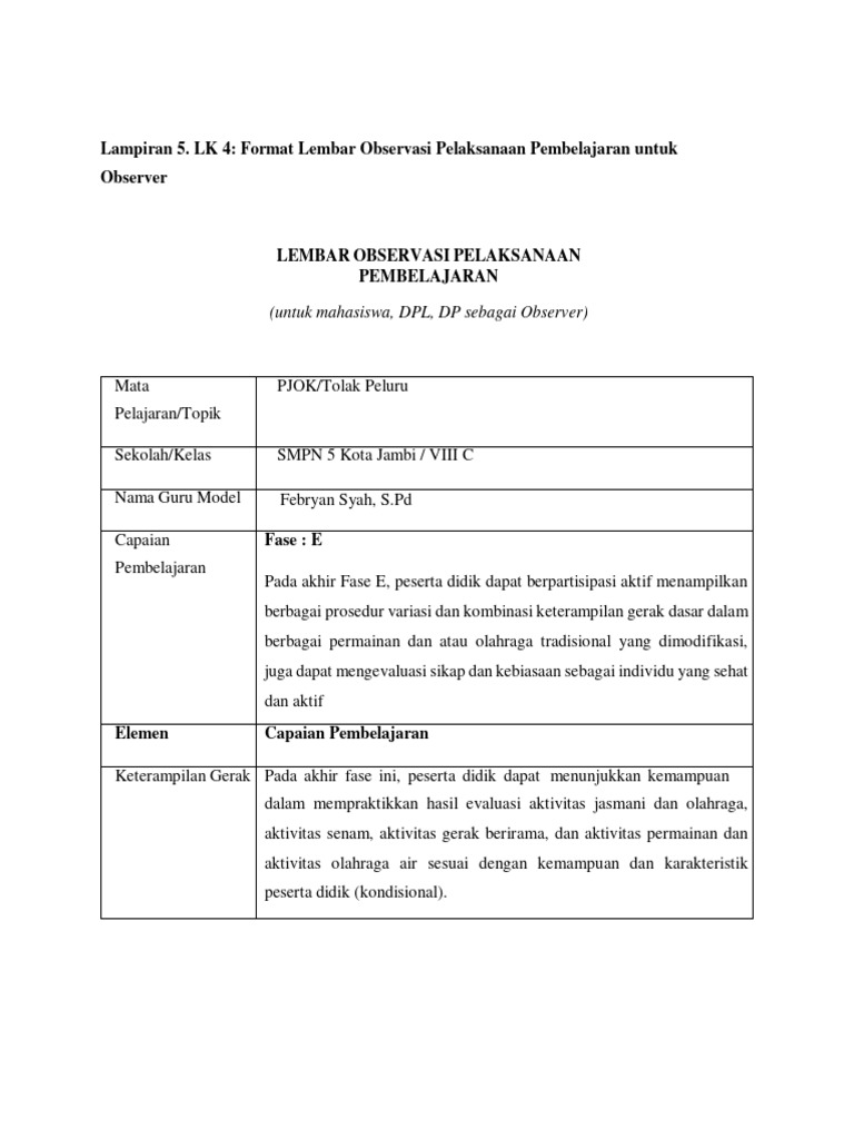 Lampiran 5. LK4 Format Lembar Observasi Pelaksanaan Pembelajaran Untuk Observer Ke-2 - ELDI ...