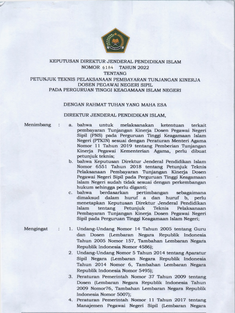 Juknis Pembayaran Tukin Dosen Ptkin | PDF