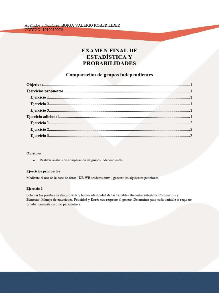 RBV - Examen Final de Estadística y Probabilidades | PDF | Matemáticas Aplicadas