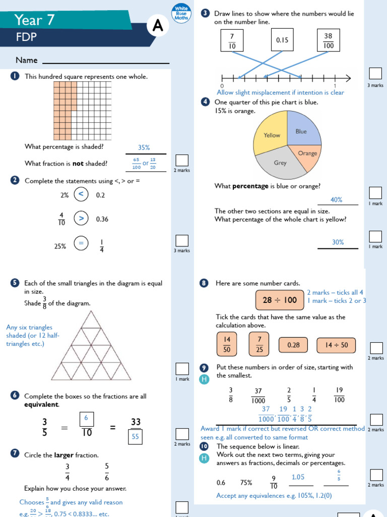Year 7 - Autumn 5 - FDP Equivalence Mini-Assessment - Answers A | PDF ...