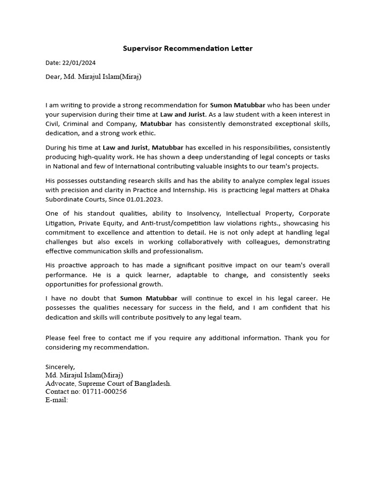 Supervisor Recommendation Letter | PDF