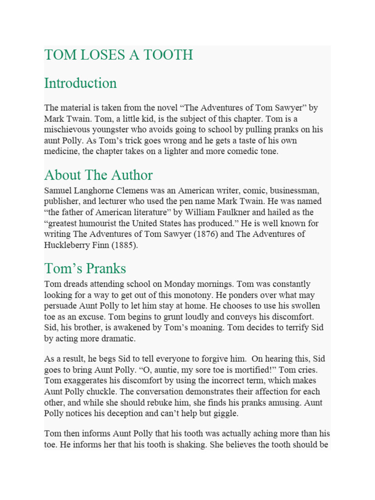 Tom Loses A Tooth | PDF | Mark Twain | The Adventures Of Tom Sawyer