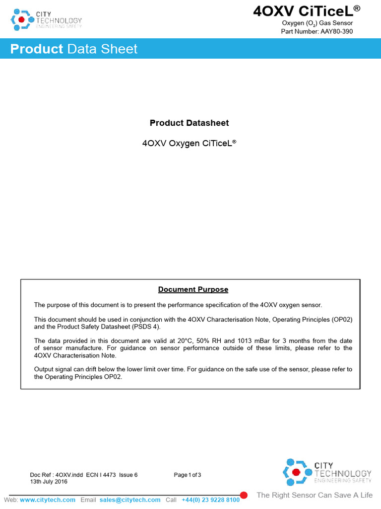 City Technology Oxygen 40XV Citicel O2 Gas Sensor AAV66 380 Spantechuk ...