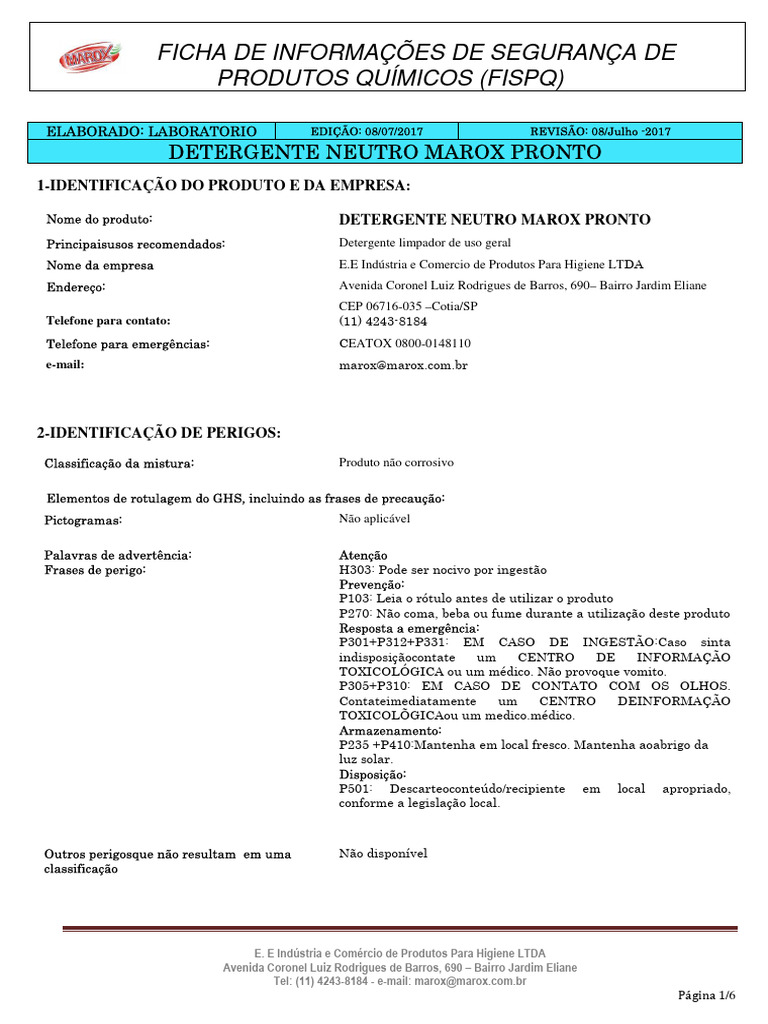 Fispq DETERGENTE NEUTRO MAROX PRONTO | PDF | Incêndios | Embalagem e rotulagem