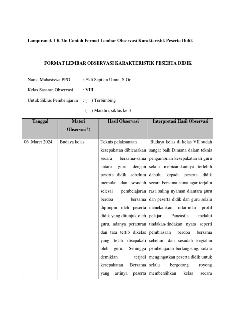 TOPIK 4. PPL_LK 2b- Siklus 3 _Lembar Observasi Karakteristik Peserta Didik_ELDI SEPTIAN UMRA | PDF