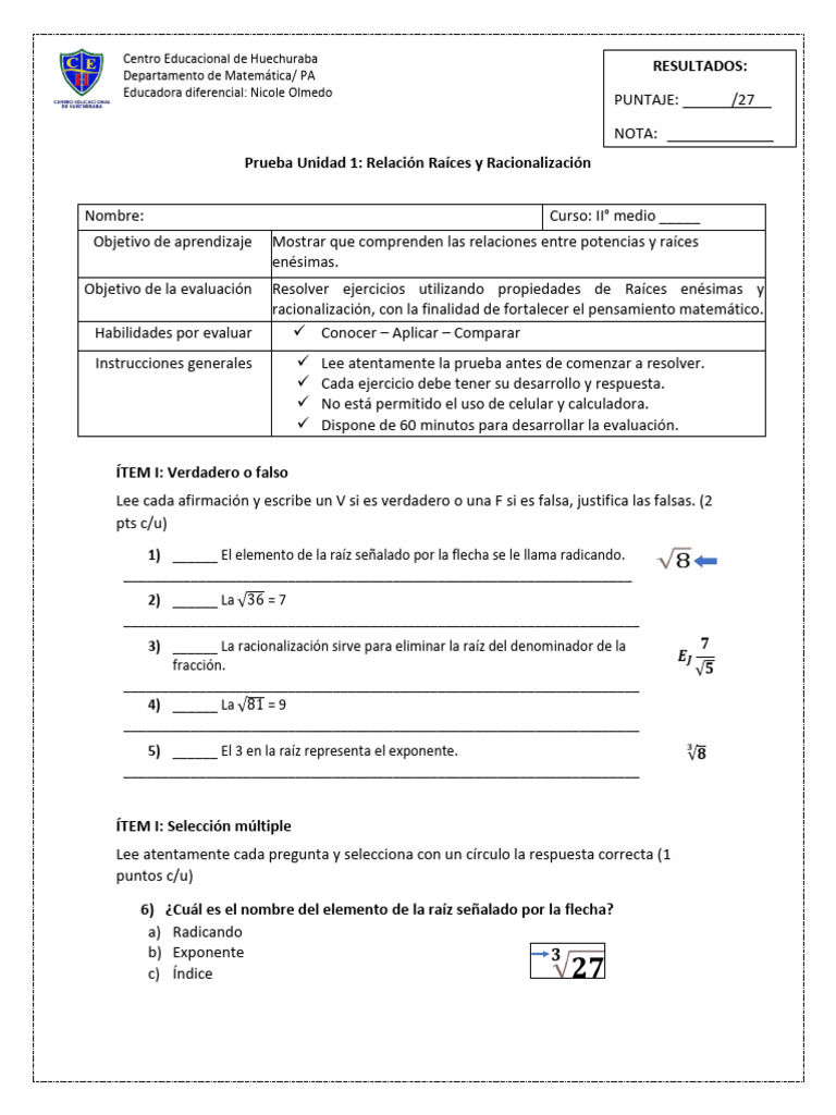 Evaluación Unidad 1. Mat. Segundos Medios - Adecuada | PDF | Matemáticas