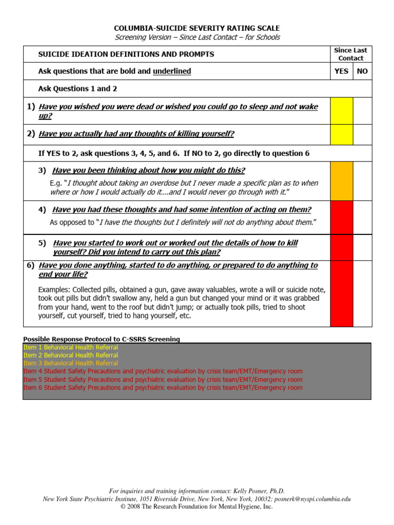 6.2. C-SSRS Since Last Contact For Schools | PDF | Mental Health ...