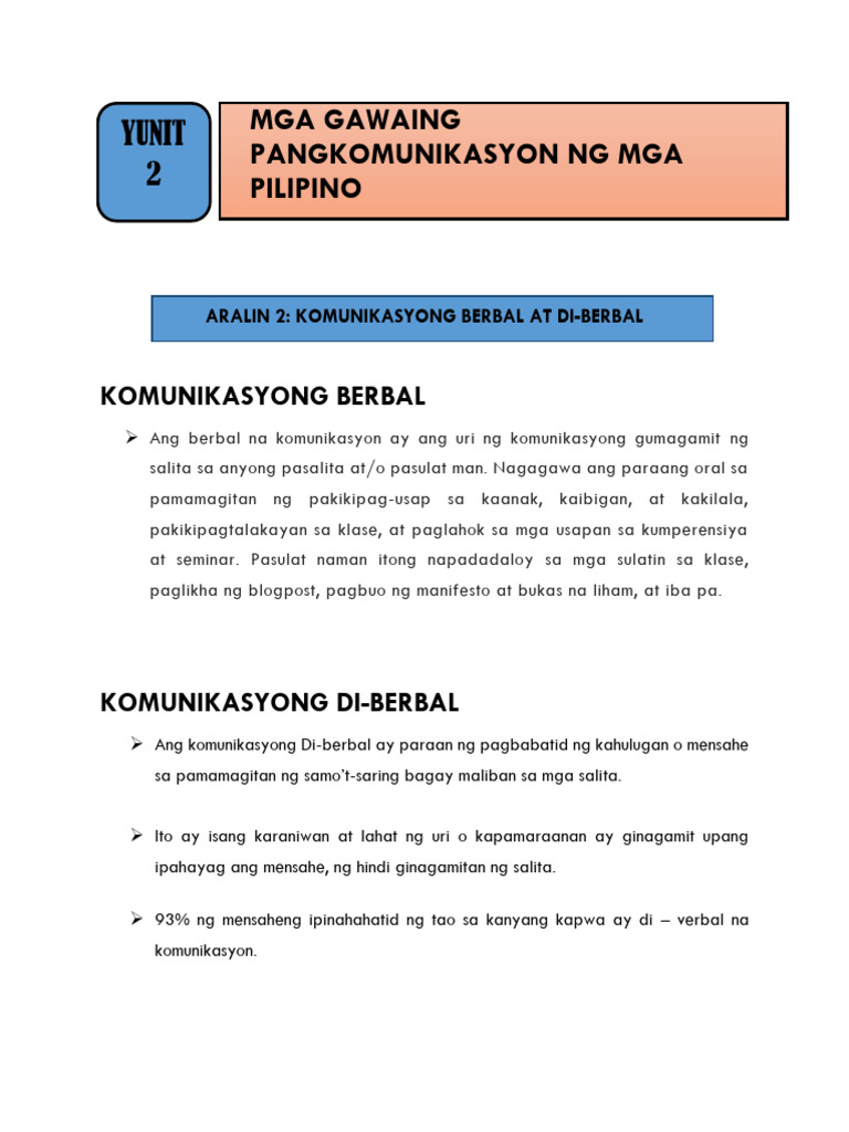 Aralin 2.2 - Komunikasyong Berbal, Di-Berbal at Ekspresyong Lokal | PDF