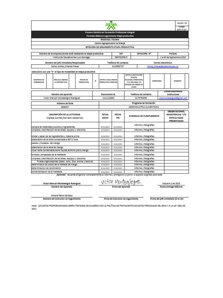 Biacora Etapa Productiva-Elaboracion de Malteada de Mango-Agosto-2023 ...
