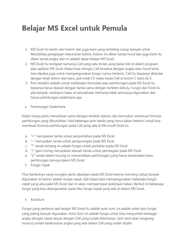 Belajar MS Excel Untuk Pemula | PDF Belajar MS Excel Untuk Pemula | PDF