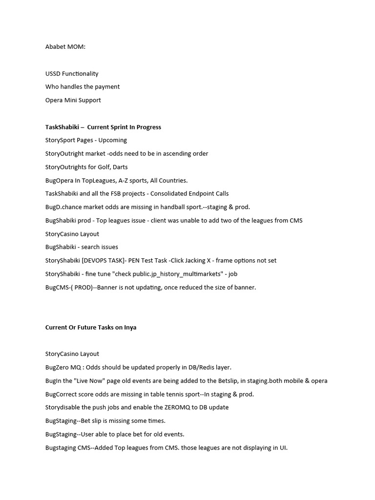 Ababet MOM: USSD & Bug Fix Updates | PDF | Computers