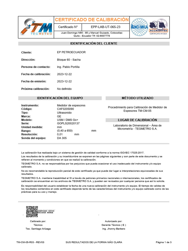 Certificado de Calibración - EPP-LAB-UT-065-23-signed | PDF ...