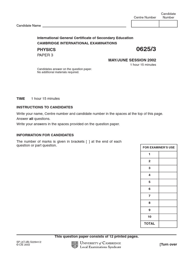 IGCSE Physics Paper 3 Exam 2002 | PDF | Temperature | Voltage