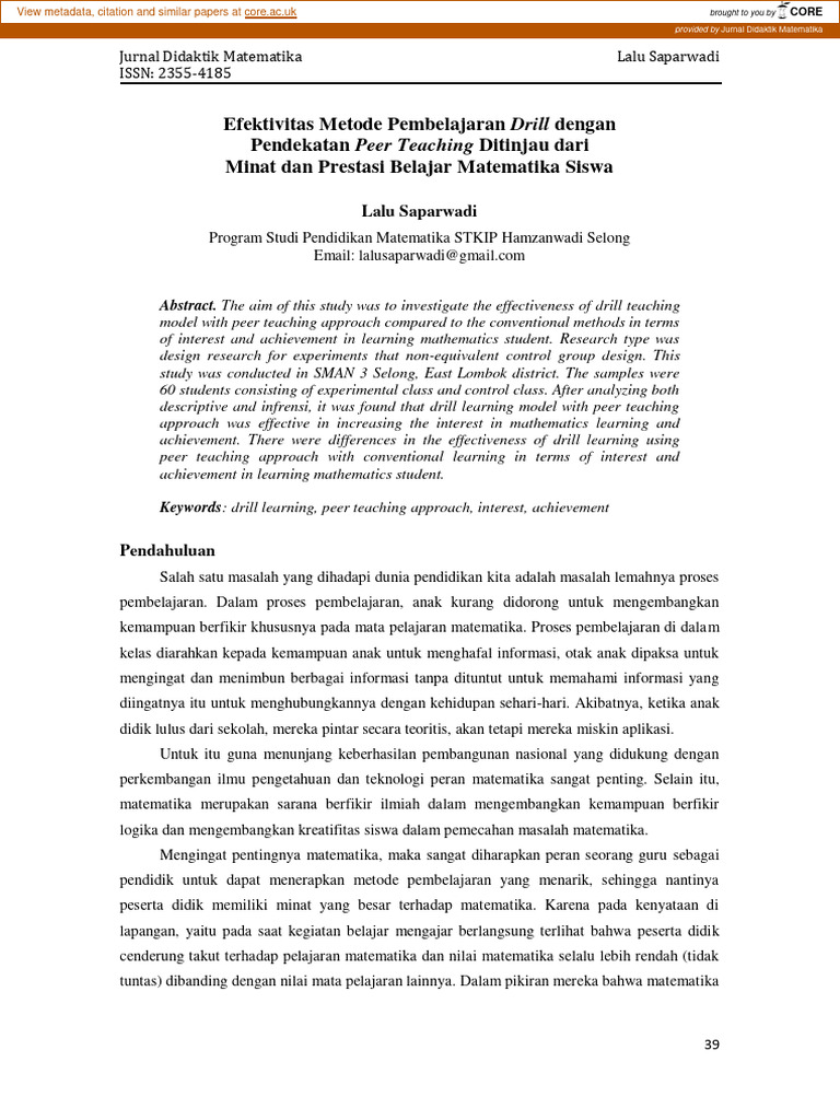 Efektivitas Metode Pembelajaran Drill Dengan Pendekatan Peer Teaching ...
