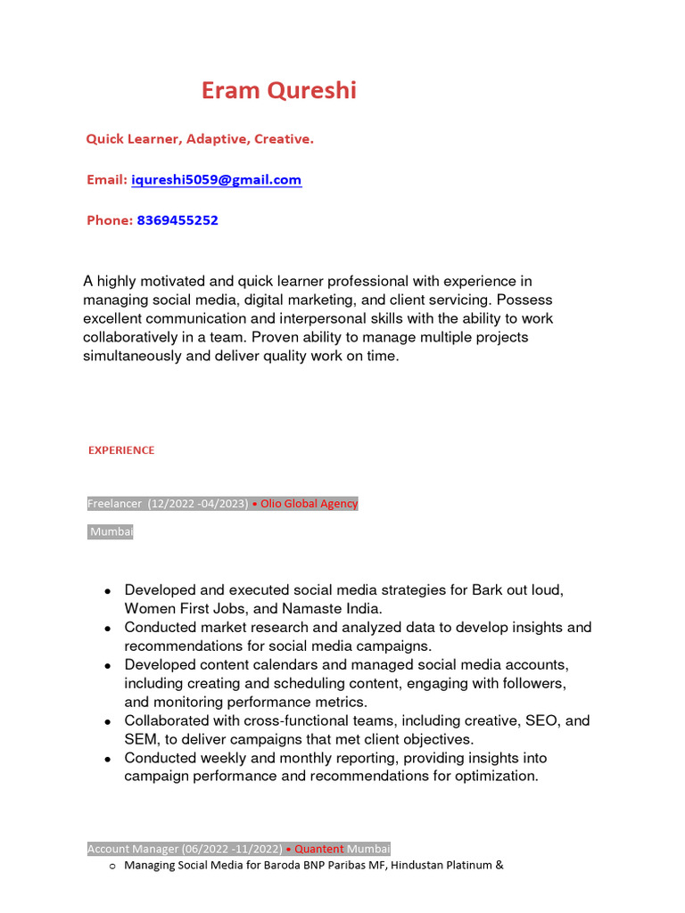 2023 Resume Eram Qureshi | PDF | Search Engine Marketing | Social Media