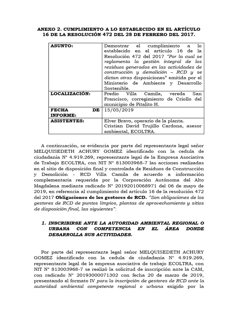Anexo 2. Cumplimiento Art 6 Reso 472 | PDF | Residuos | Agua