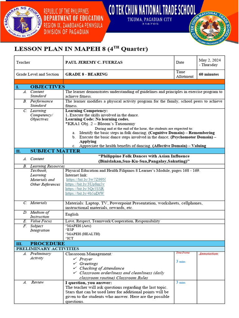 LESSON PLAN IN MAPEH 8 - Basic Steps | PDF | Learning | Lesson Plan