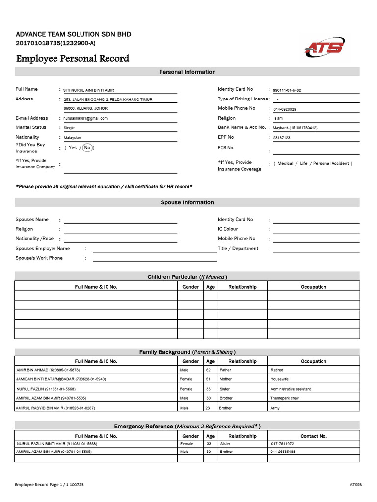 ATS-Employee Information Form 010224 | PDF