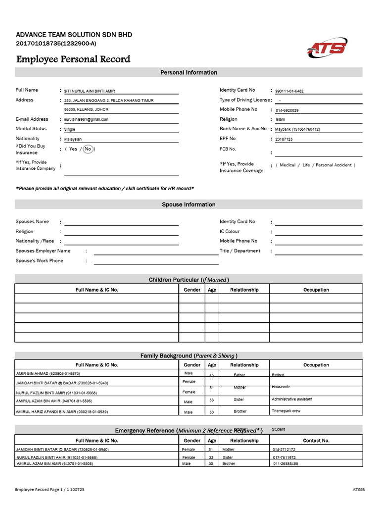ATS-Employee Information Form 010224 | PDF
