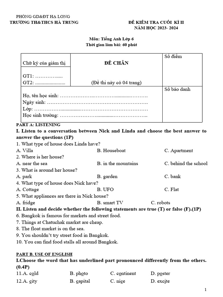 Anh 6. đề thi cuối kỳ 2 (2023-2024) .HT | PDF | Wildlife