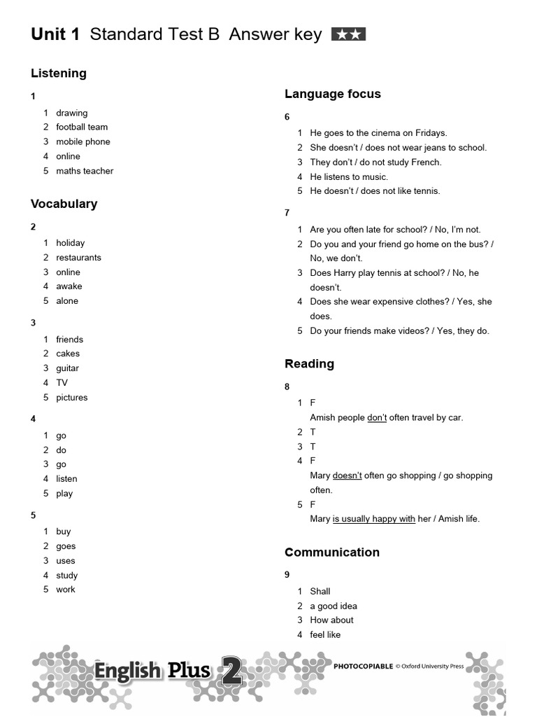 Unit 1 Standard Test b Answers | PDF