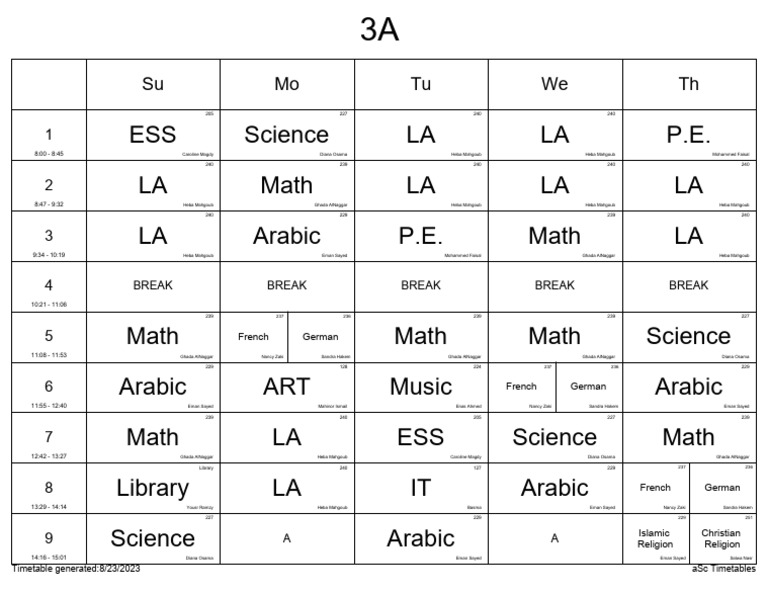 ESS LA LA Math Arabic Science LA LA Math LA LA P.E. LA LA: Su Mo Tu We ...
