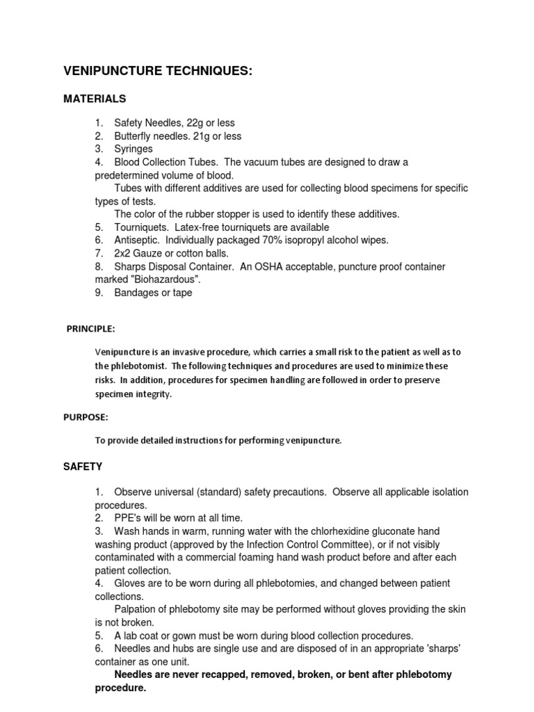 Venipuncture Techniques:: Materials | PDF | Intravenous Therapy ...