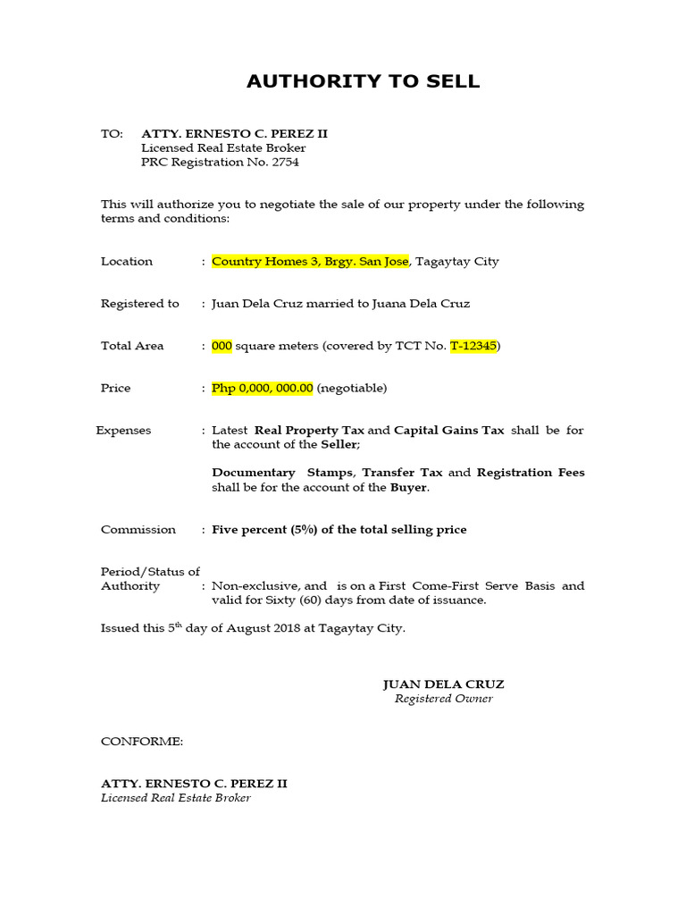 Authority To Sell Sample | PDF