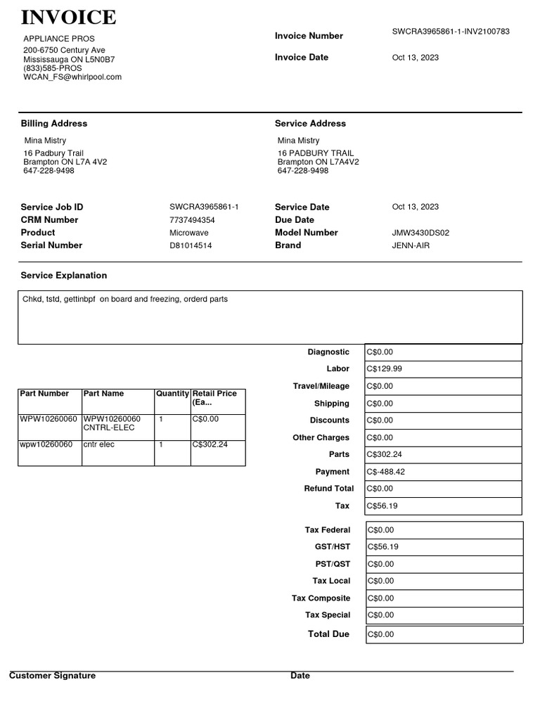 Invoice Number Invoice Date: Diagnostic Labor Travel/Mileage Shipping ...