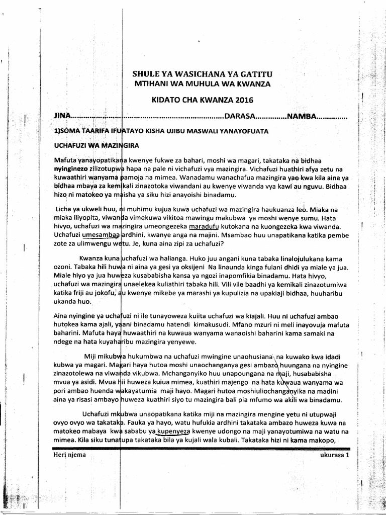 Kiswahili Kidato Cha Kwanza - 1 | PDF