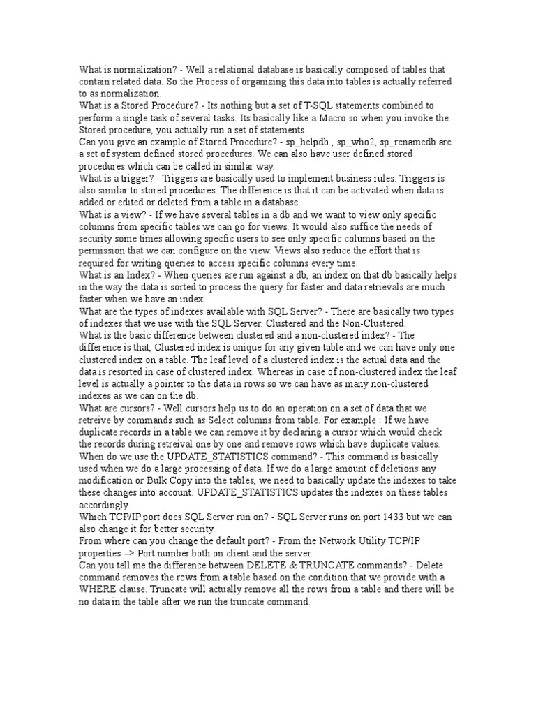 Sql Server Interview Questions Pdf Database Index Relational Database