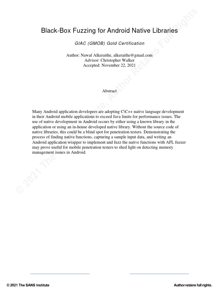 SANS Black Box Fuzzing Android Native Libraries | PDF | Java (Programming Language) | Library ...