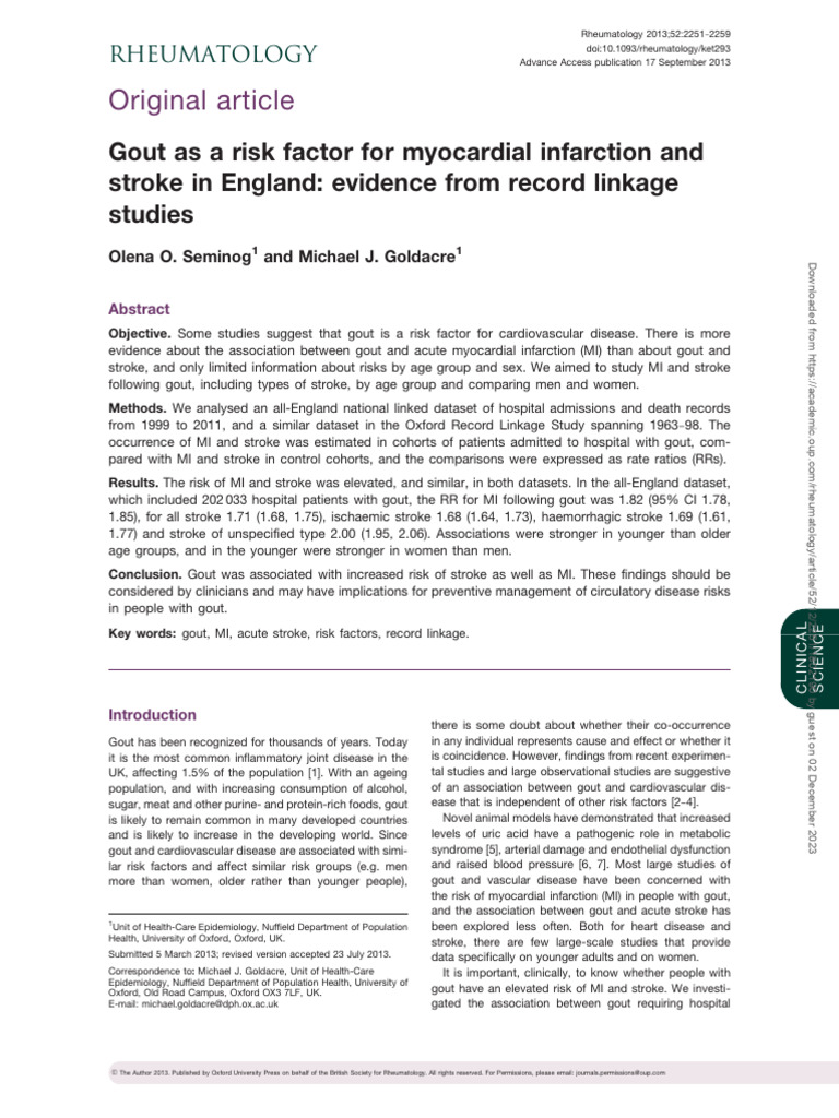 Gout As A Risk Factor For Myocardial Infarction and Stroke, Olena Et - Al, 2013 | PDF ...