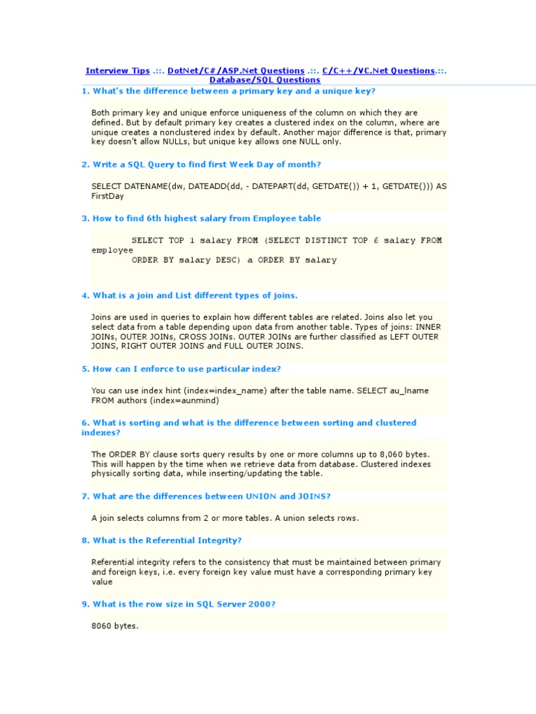 SQL Server Interview Tips | PDF | Database Index | Data Management Software SQL Server Interview Tips | PDF | Database Index | Data Management Software