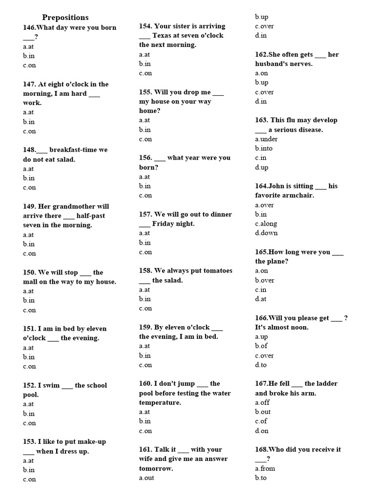 Prepositions Practice Exercises | PDF