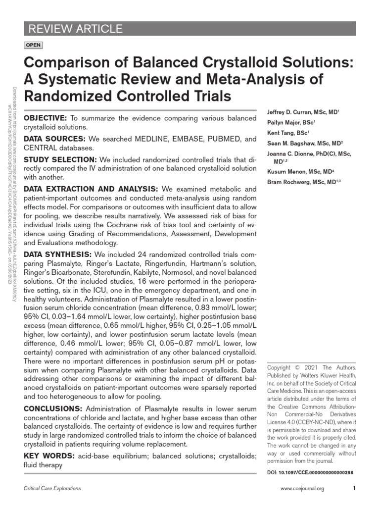 Comparison of Balanced Crystalloid Solutions A.19 | PDF | Systematic ...