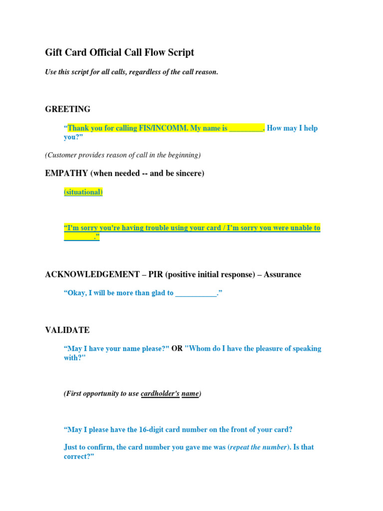 Gift Card Official Call Flow Script: Greeting | PDF