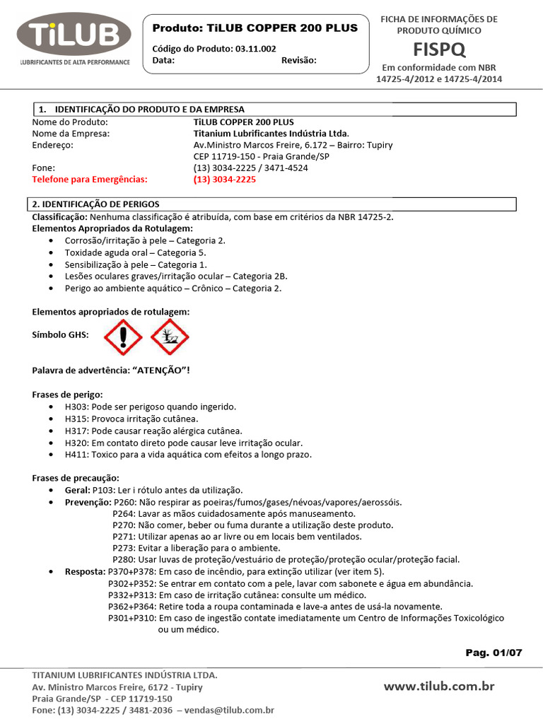 Ficha de Informações do TiLUB COPPER 200 PLUS | PDF | Incêndios | Combustão